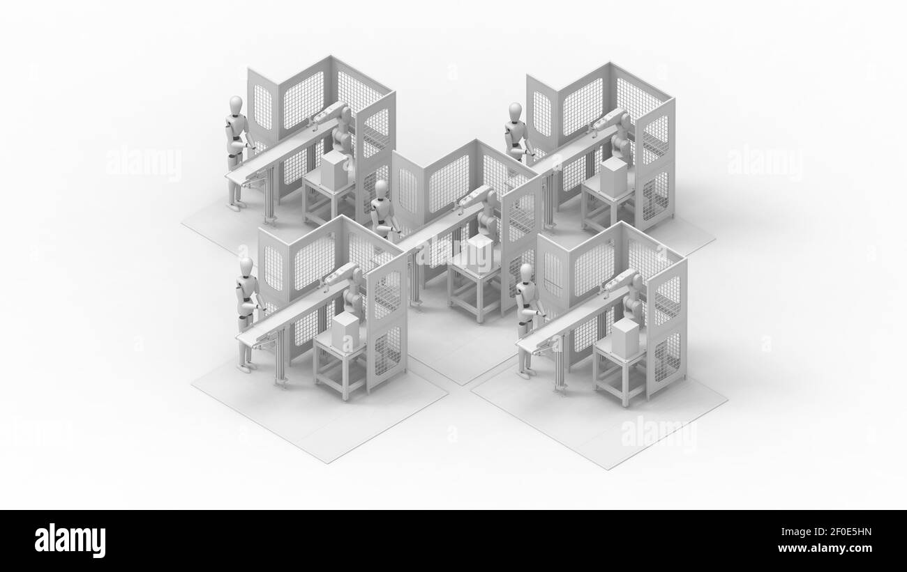 3D rendering of a factory assembly line worker dummy on a conveyor belt ...