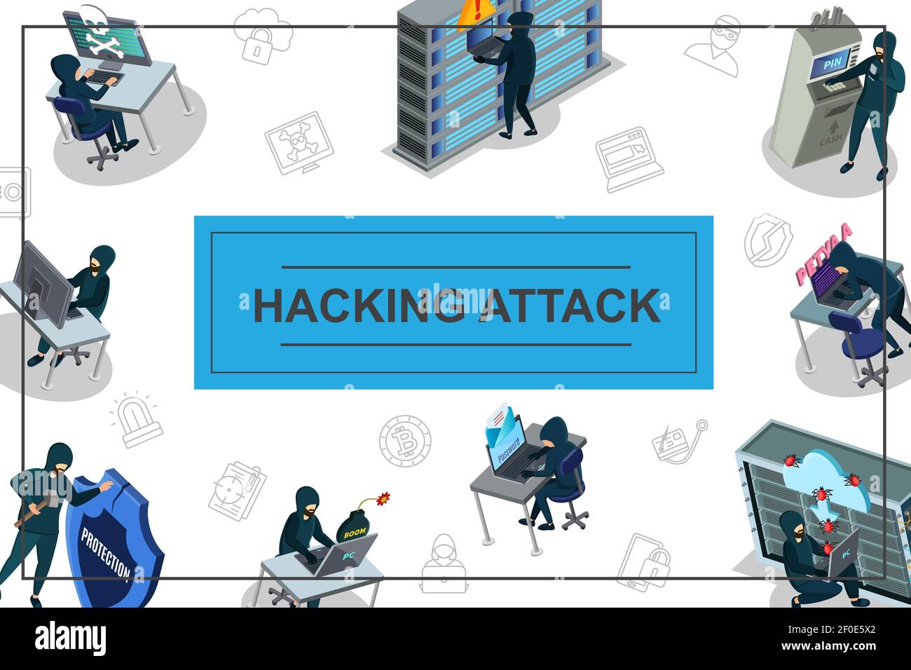 Isometric hacker activity concept with hacking of computer mail servers ...