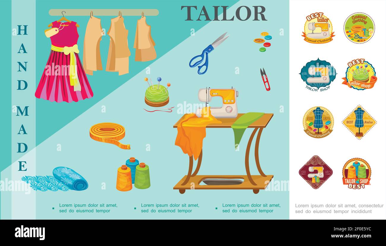 Flat tailoring elements concept with dress scissors spool of thread ...