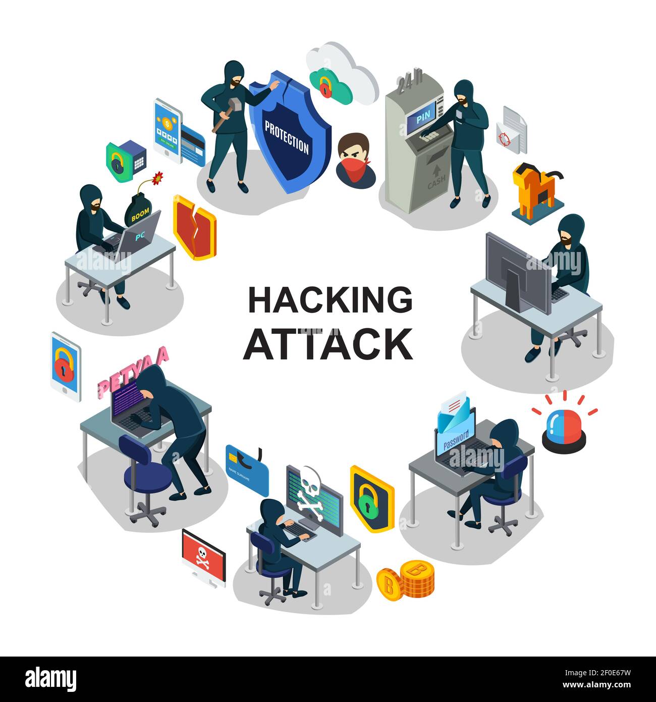 Isometric internet security round concept with hackers computer mobile ...