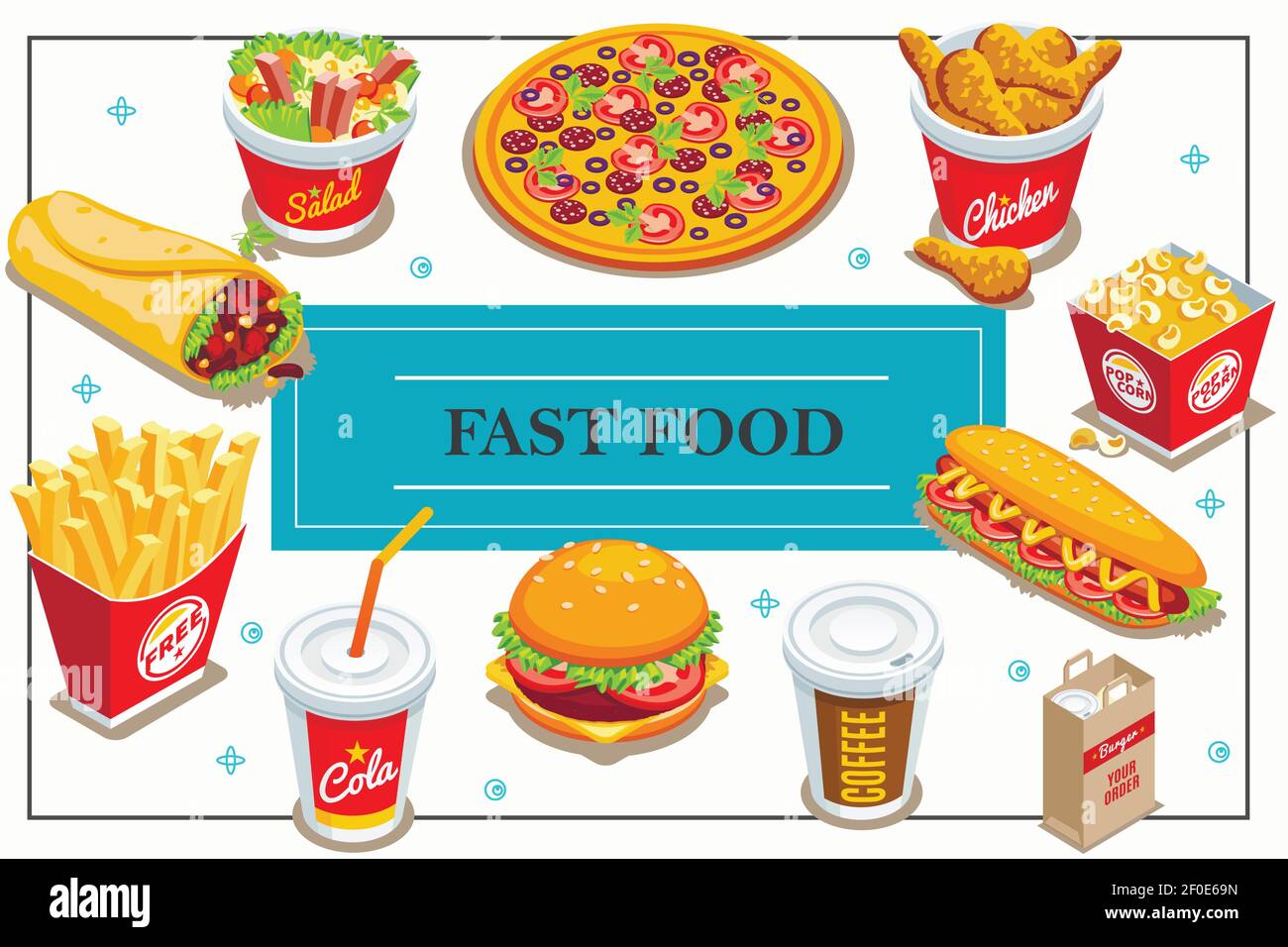 Isometric fast food concept with coffee and cola cups doner pizza salad ...