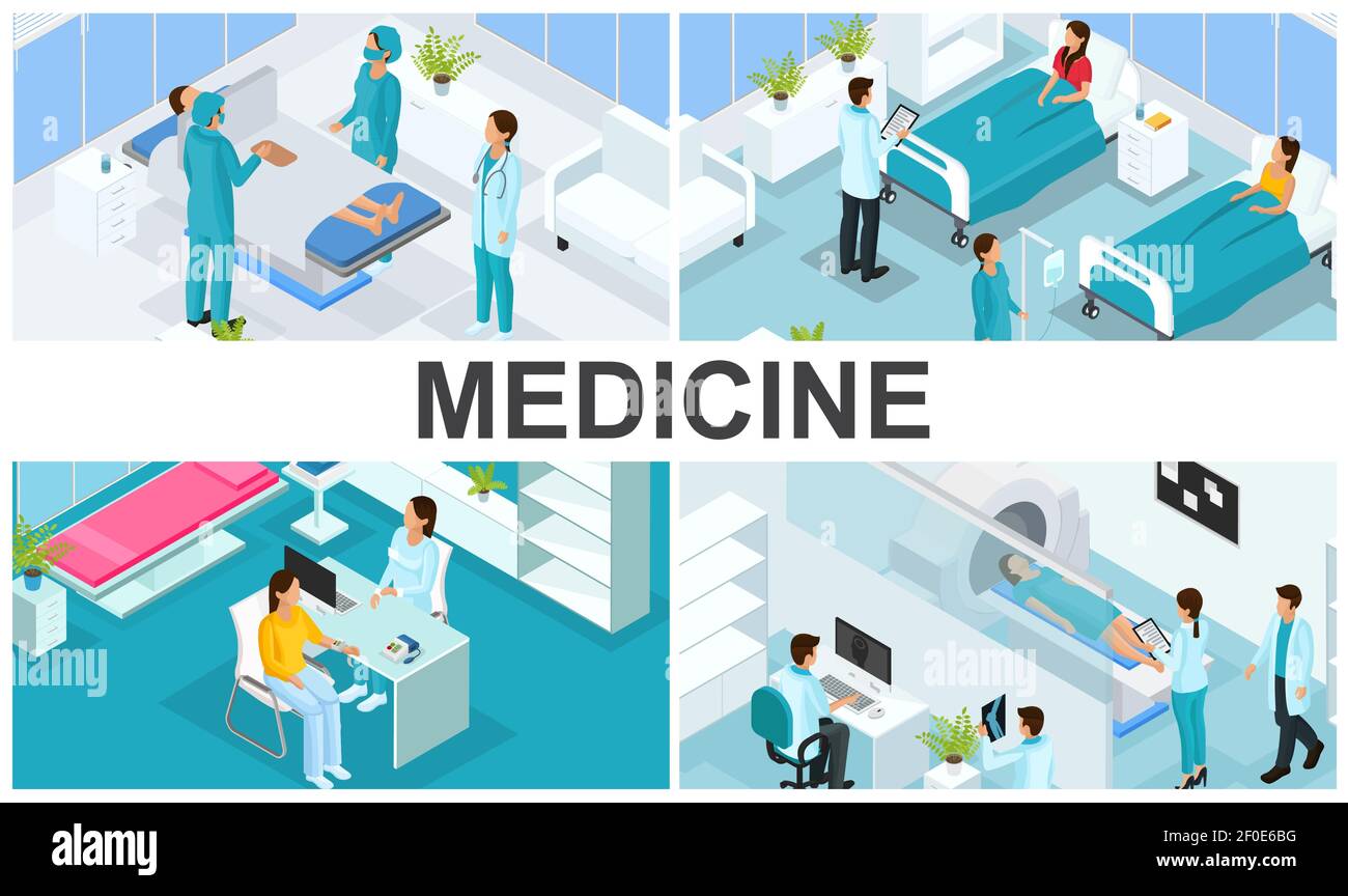 Isometric healthcare colorful composition with doctors visit patient in ...