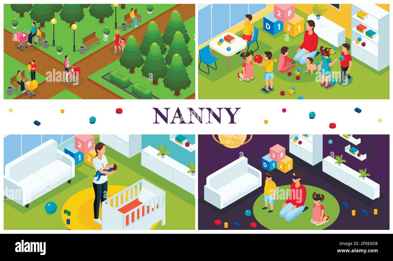 Isometric nanny work composition with parents walking with kids nanny ...
