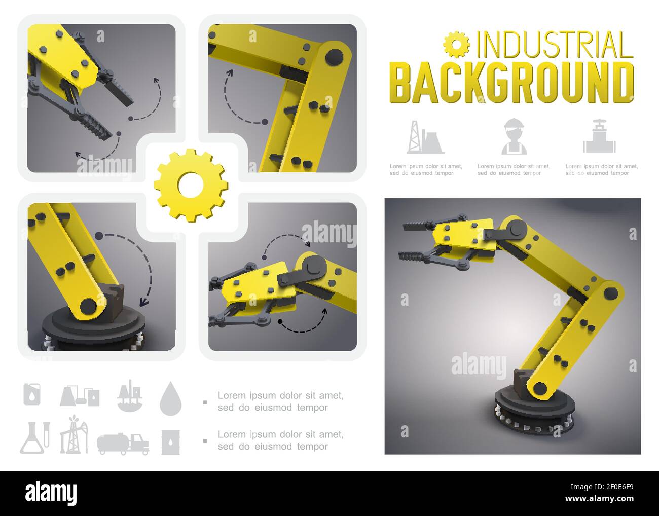 Realistic industrial infographic concept with yellow mechanical robotic ...