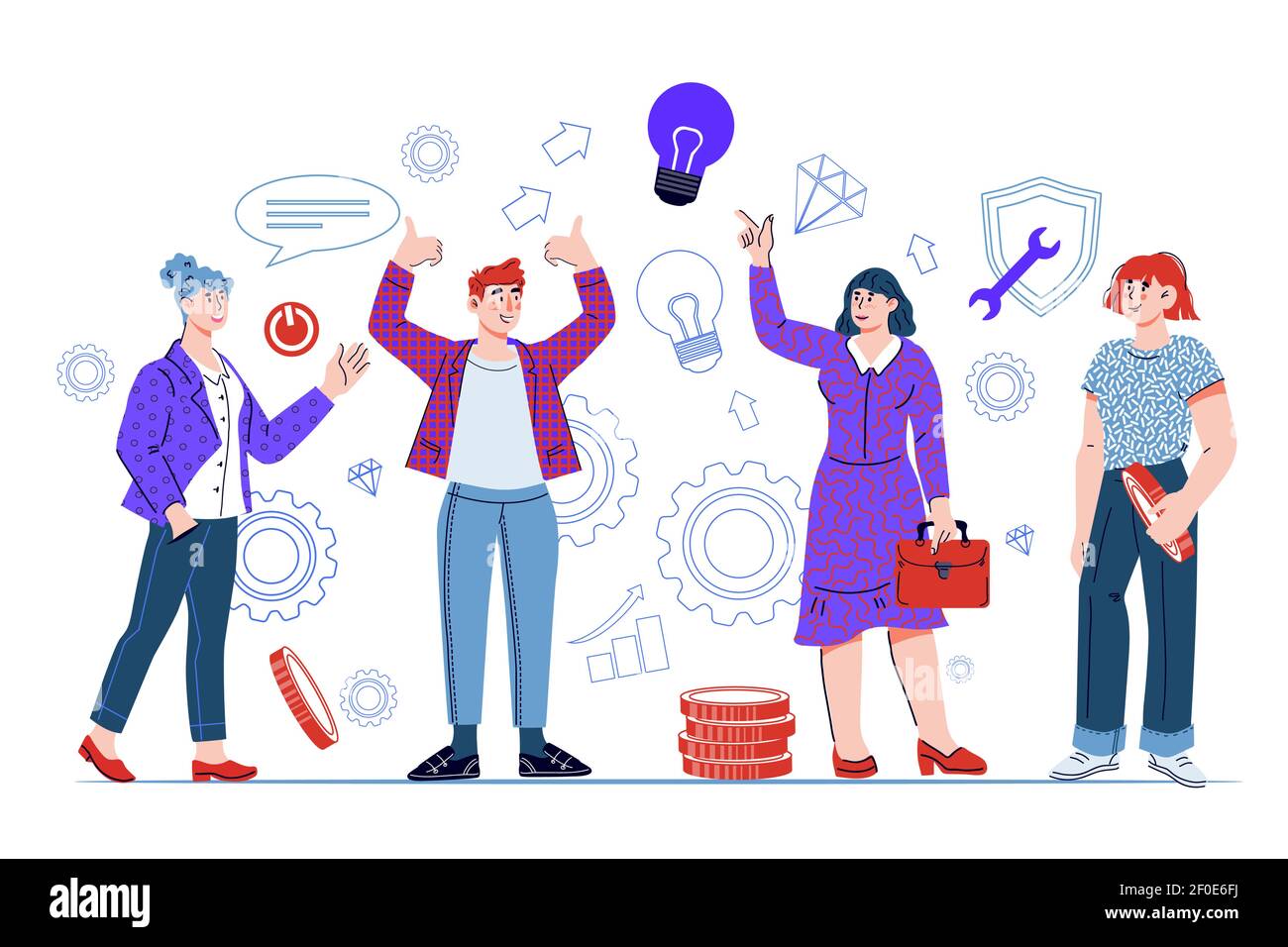 Business team people with lightbulb, cartoon vector illustration ...