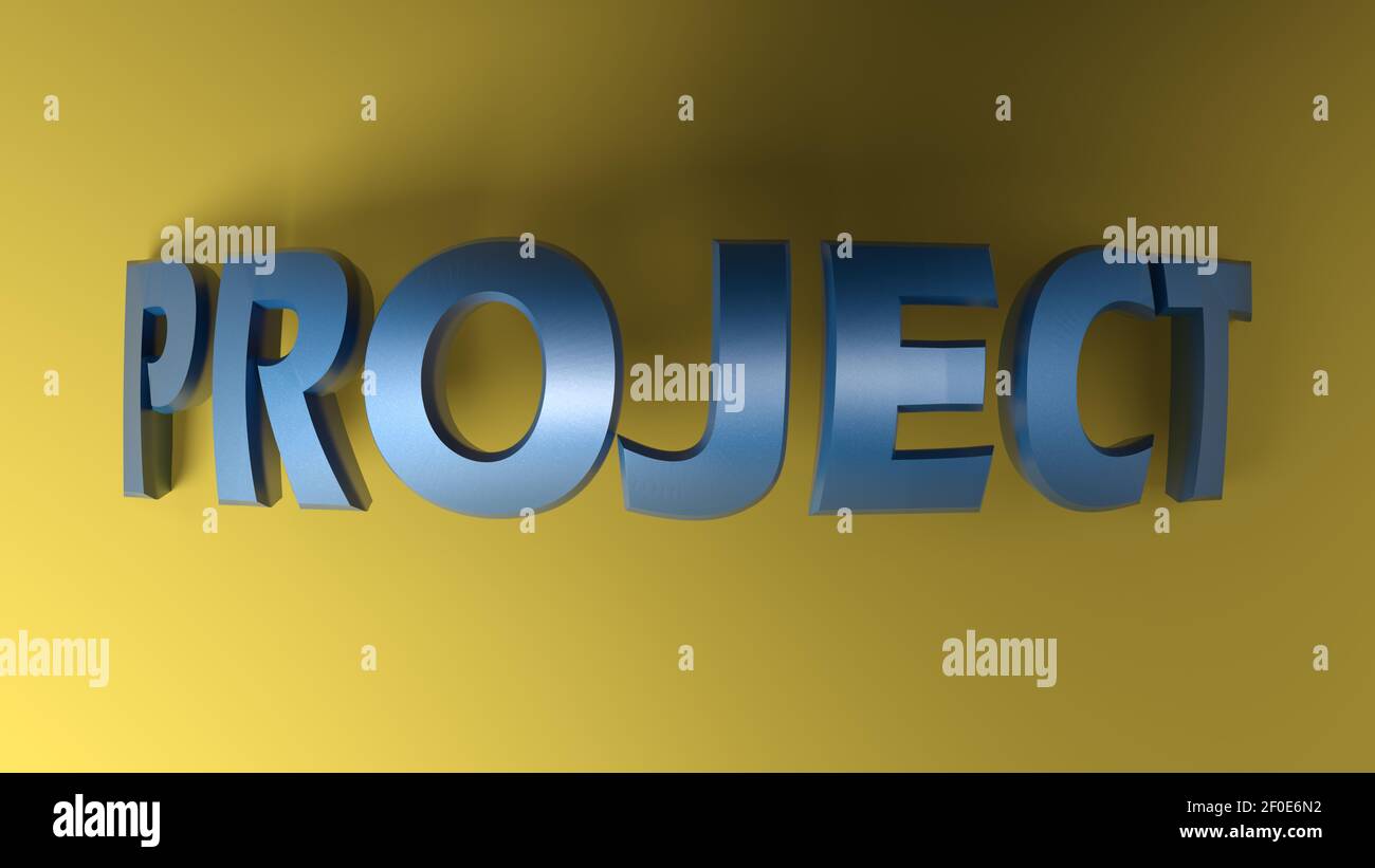 PROJECT blue metallic write over yellow background - 3D rendering ...