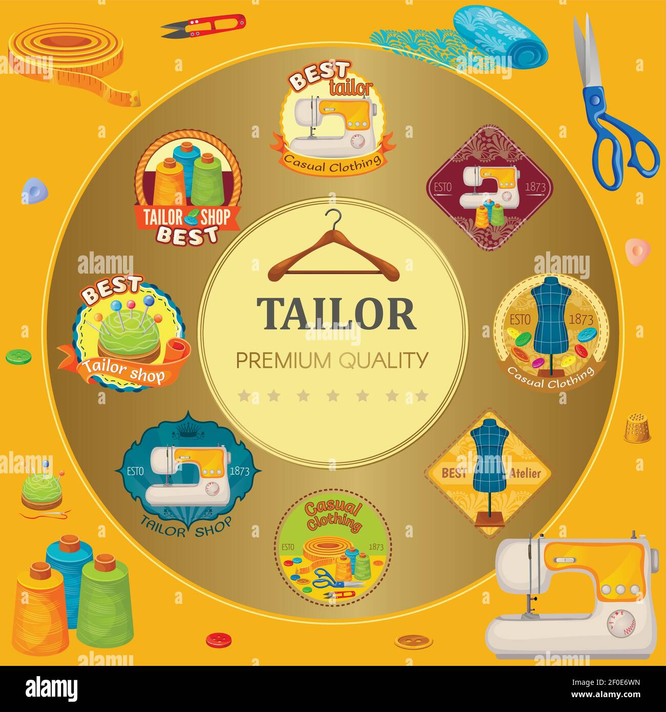 Flat tailor tools round concept with colorful tailoring emblems sewing ...