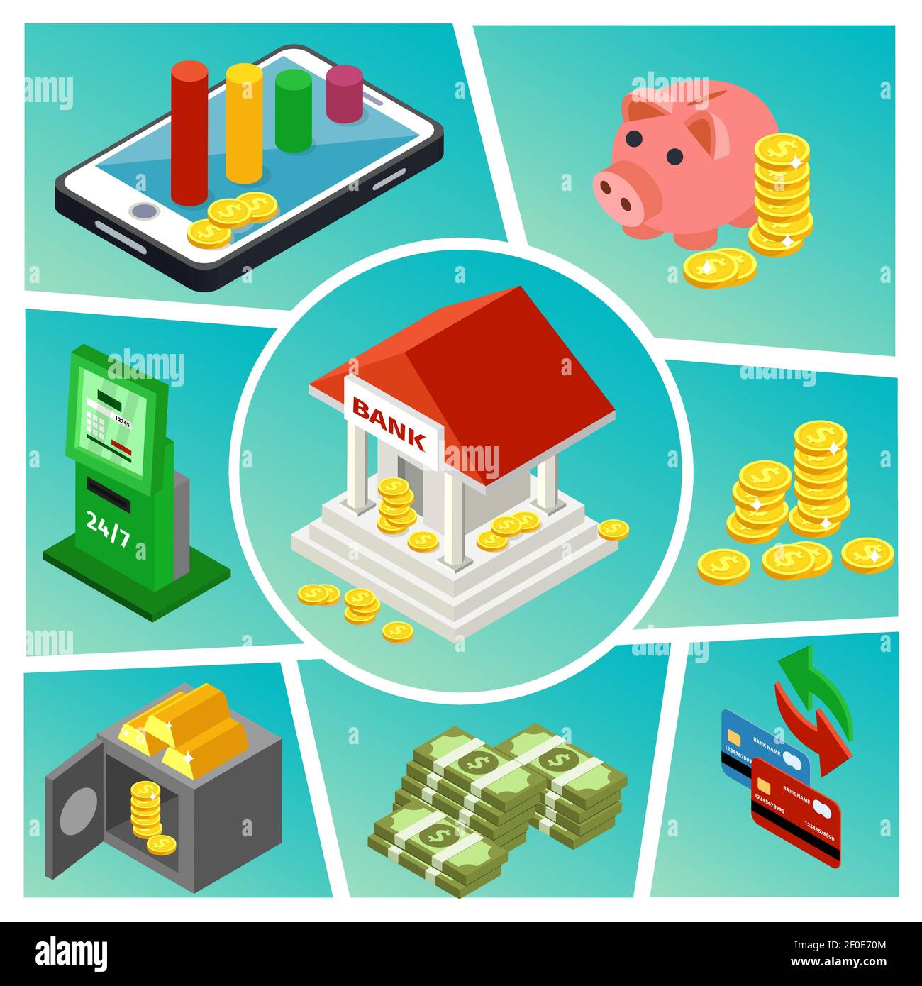 Isometric banking and finance composition with online payments building ...