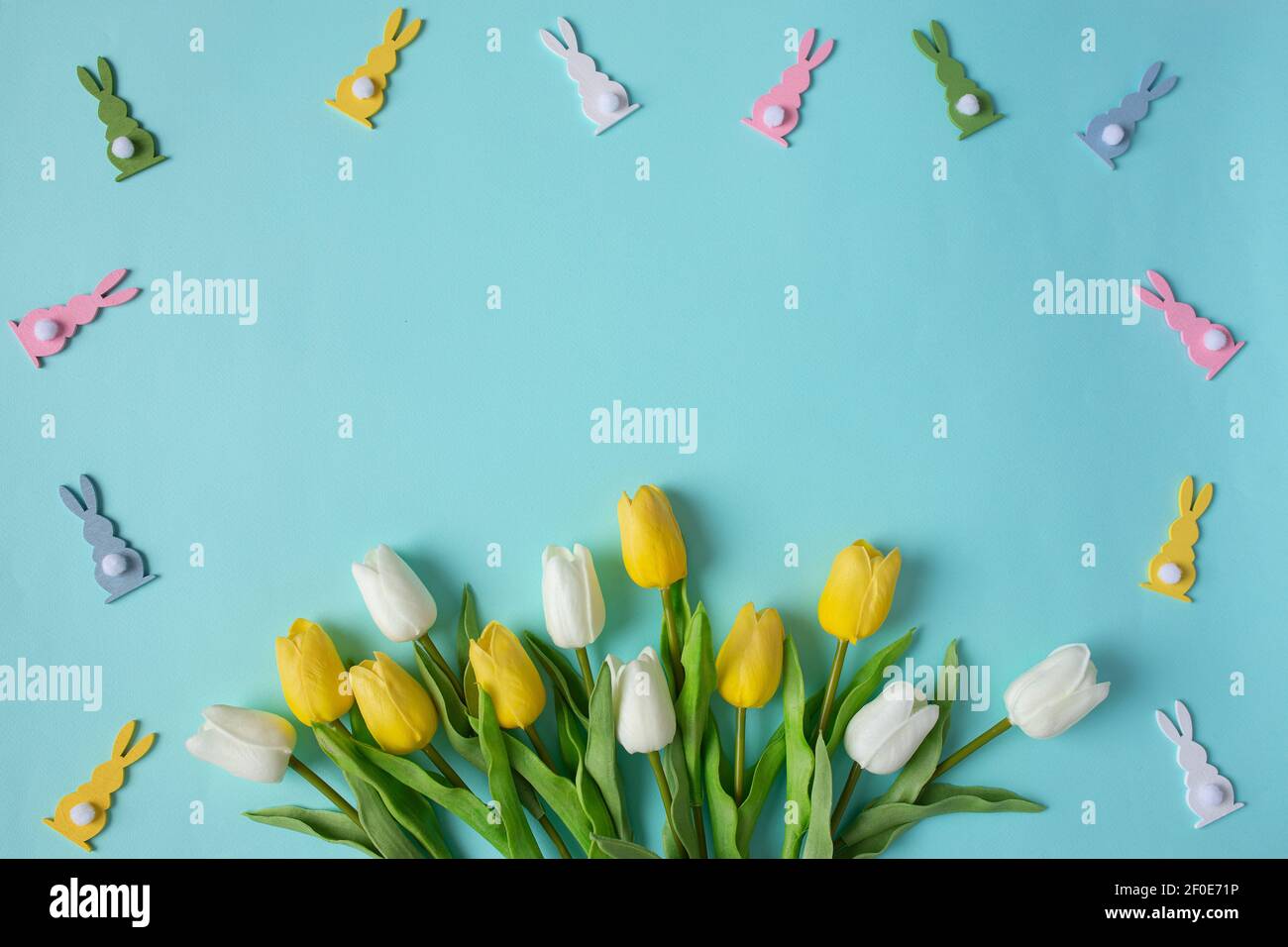 Top view happy easter blue background concept springtime traditional ...