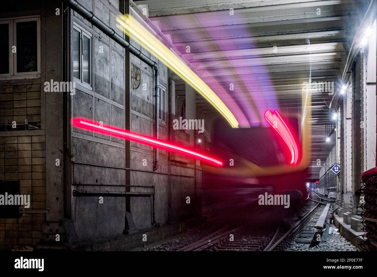Berlin, Germany. Passing U-Bahn train inside Nordbahnhof U-Bahn Station ...