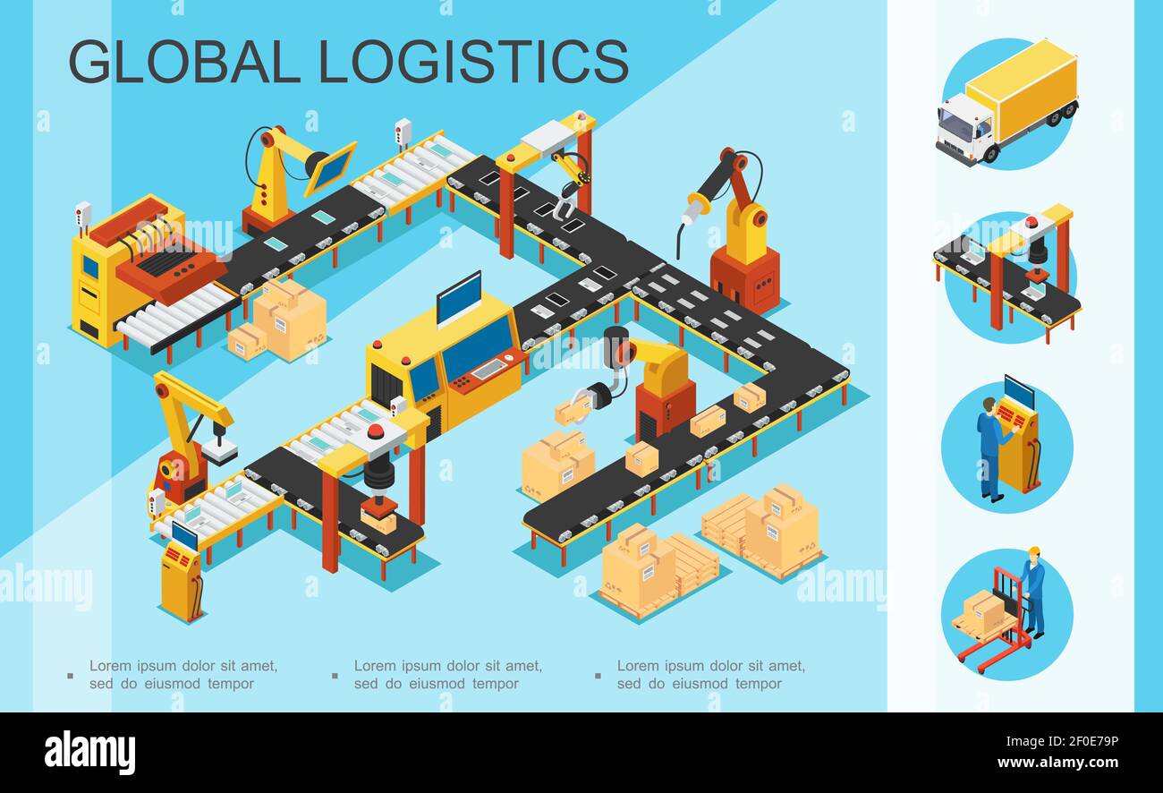 Isometric logistics and warehouse concept with assembly and packaging ...