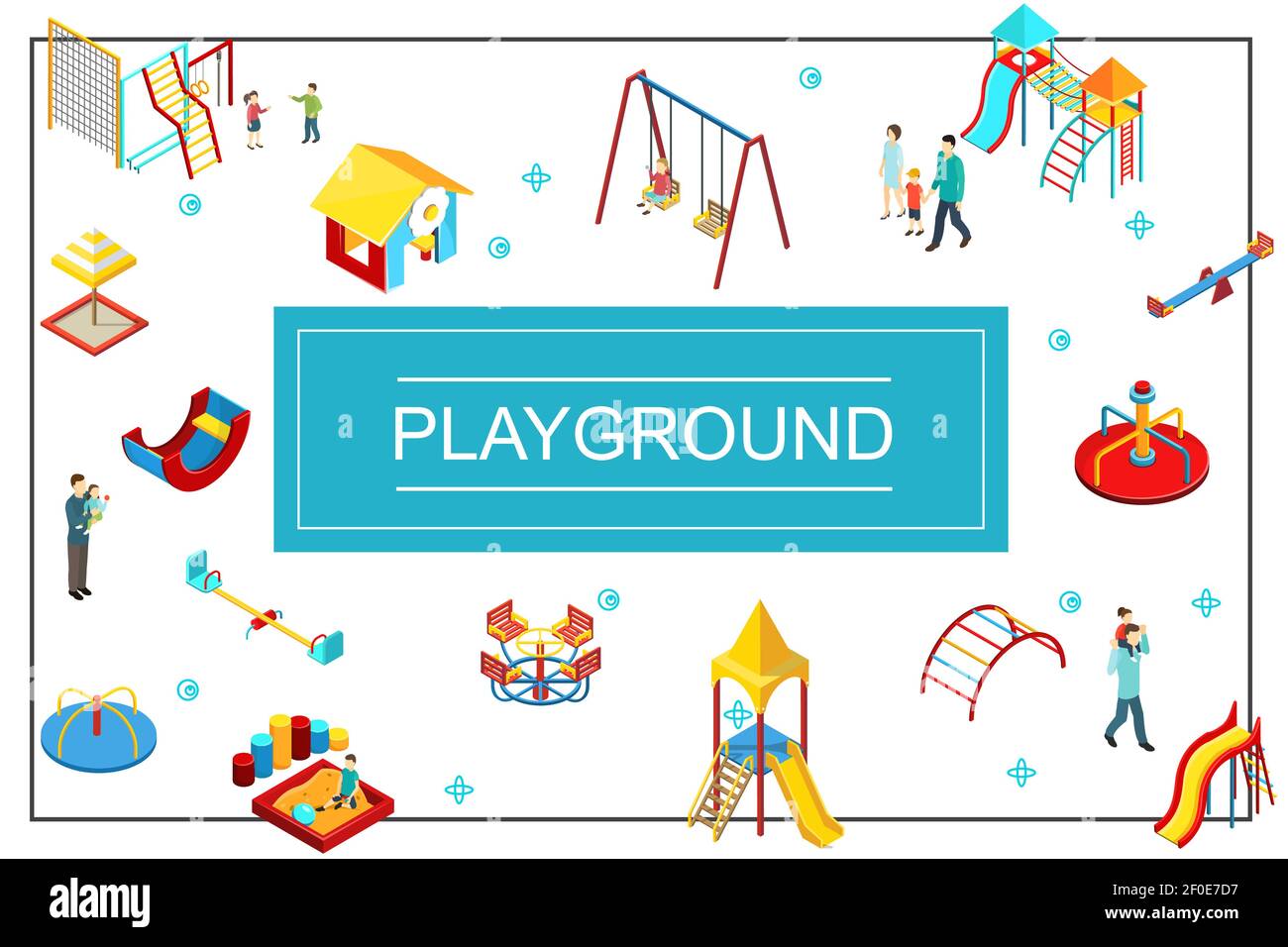 Isometric kids playground concept with seesaw swings playhouse sandbox ...