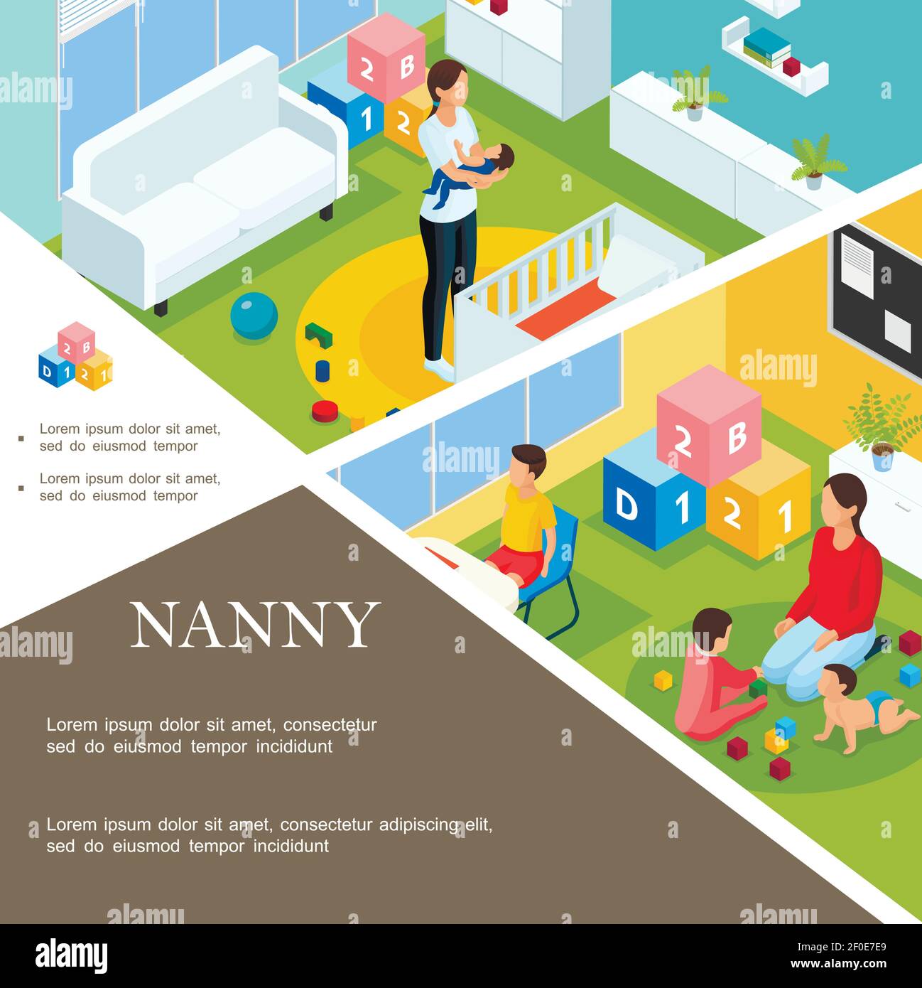 Isometric nanny work template with babysitter puts baby to sleep and ...