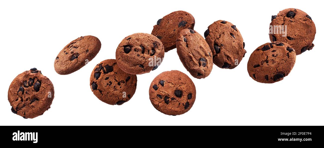Falling chocolate chip cookies isolated on white background Stock Photo ...