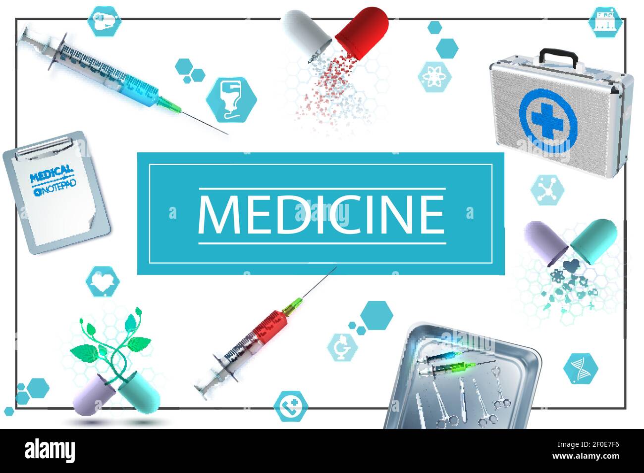 Realistic medicine concept with notepad capsules medical kit icons ...