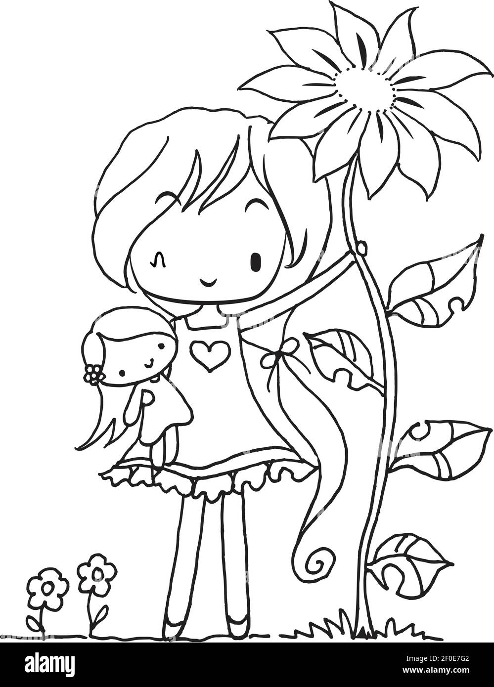 vector drawing girl with big flowers tree Stock Vector Image & Art - Alamy