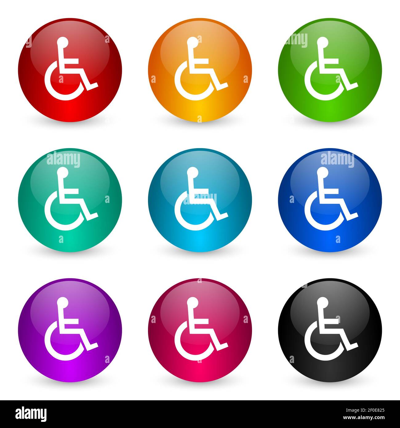 Wheelchair icon set, colorful glossy 3d rendering ball buttons in 9 ...