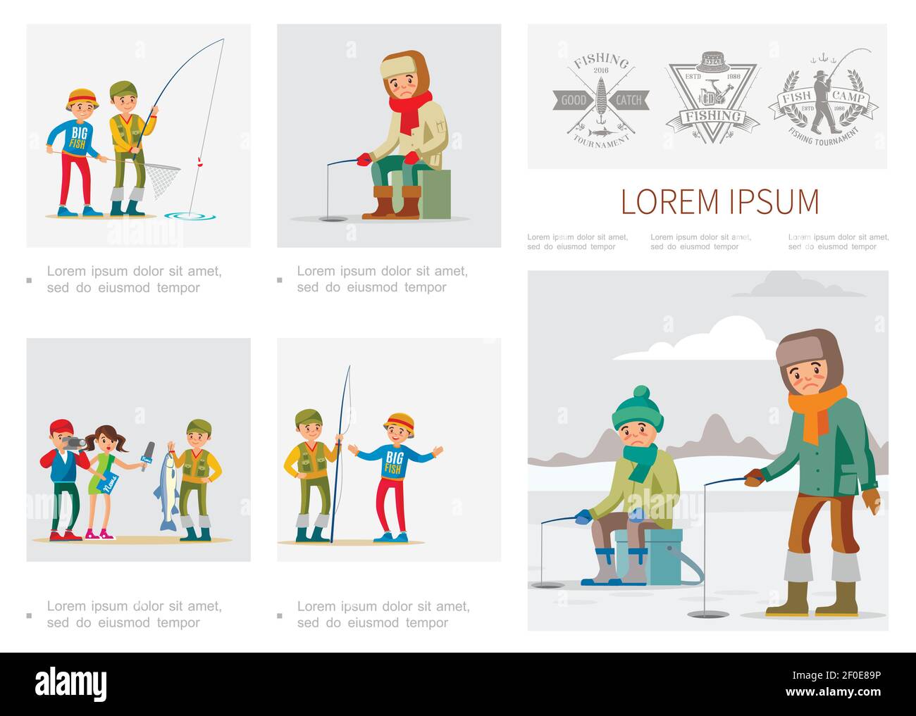 Flat fishing infographic template with summer and winter fishing ...