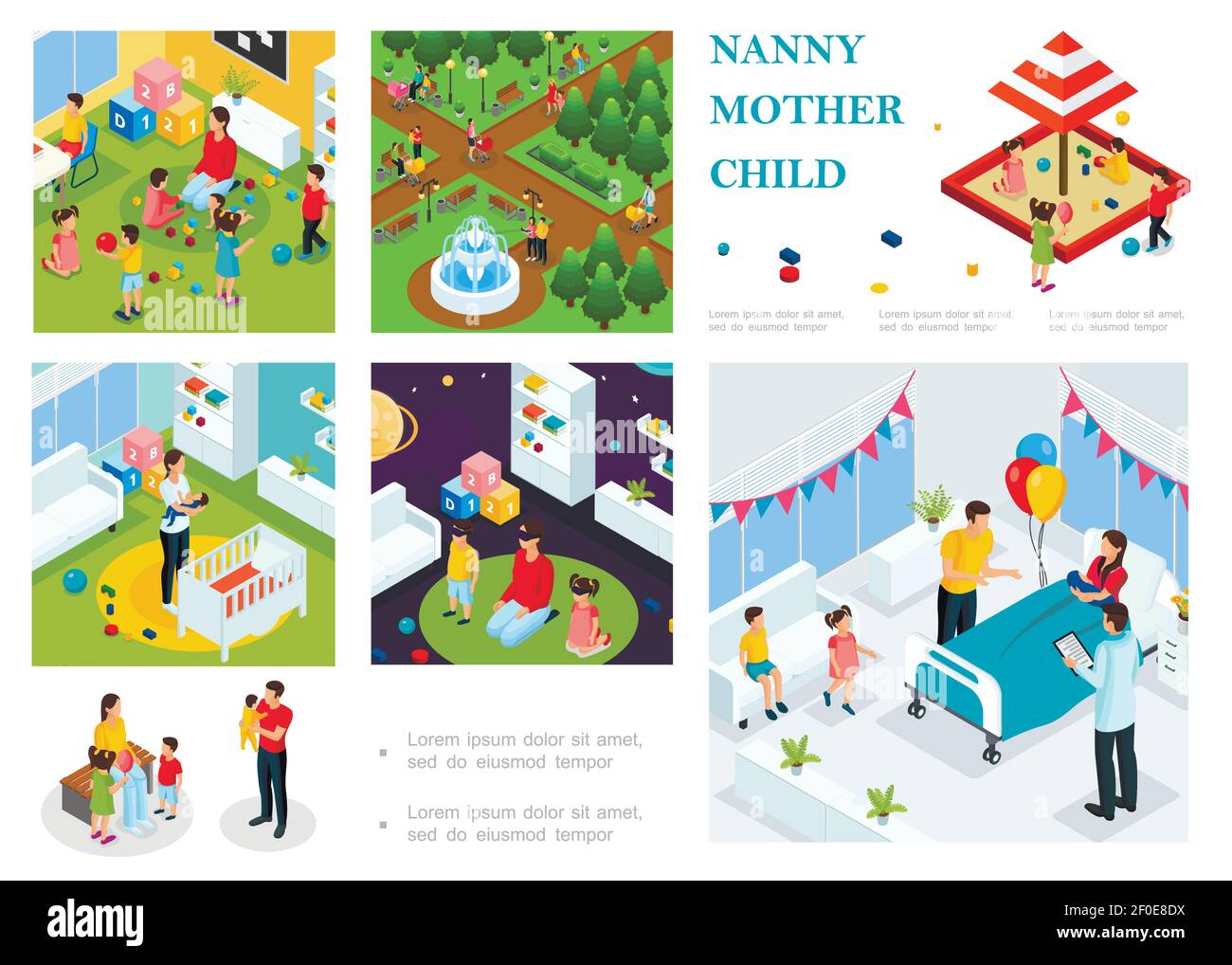 Isometric children care composition with nanny walking and playing with ...