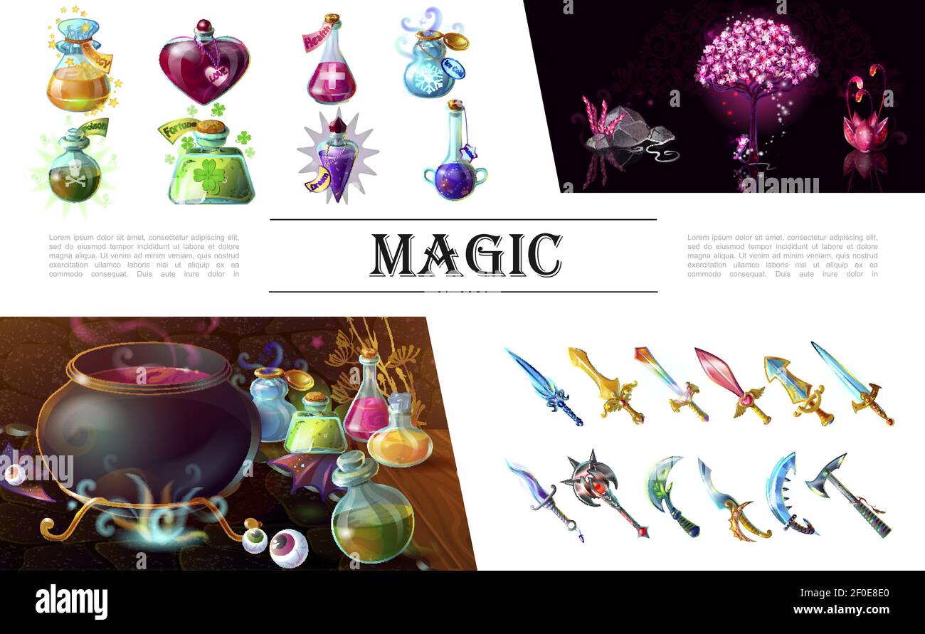 Cartoon game elements concept with colorful medieval swords mace axe ...