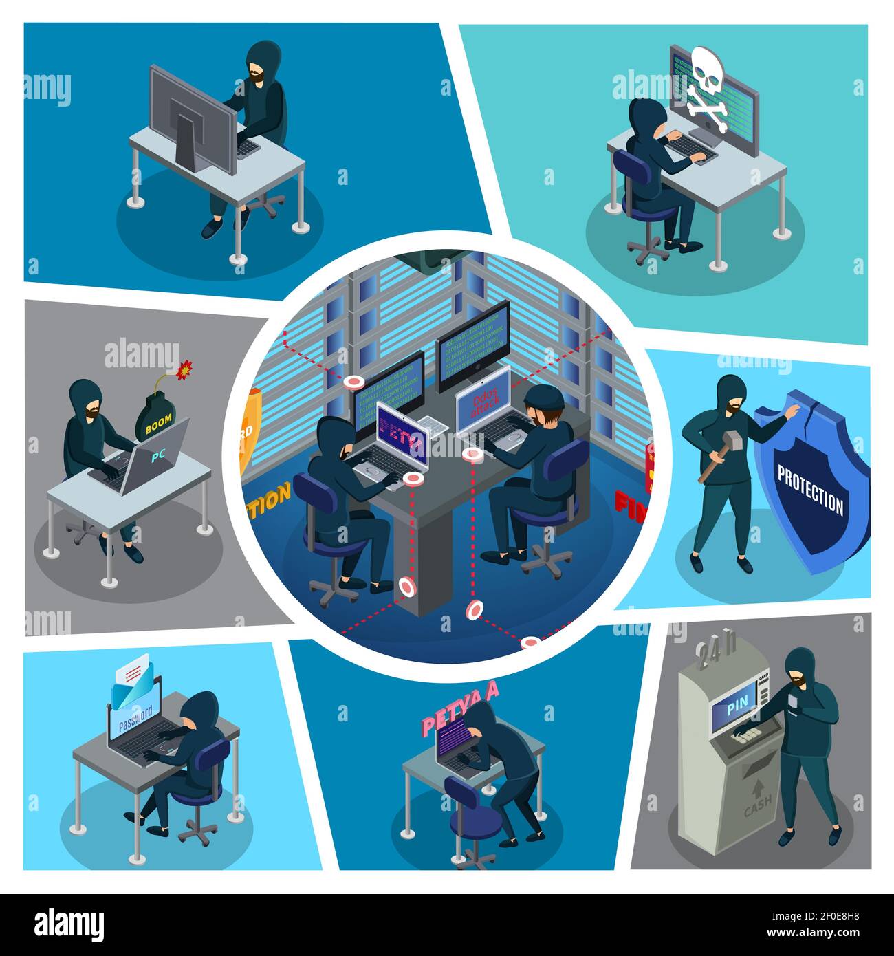 Isometric hacker activity composition with cyber thief laptop computer atm servers in datacenter ...