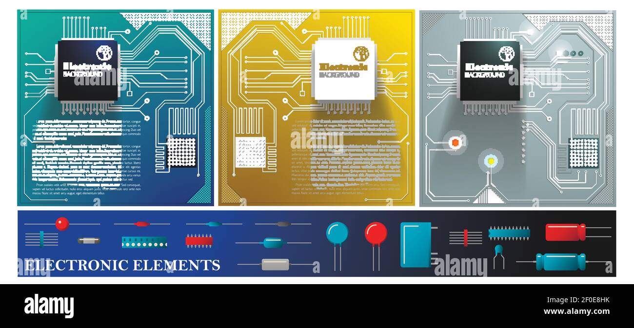 Flat electronic colorful composition with electric circuit boards ...