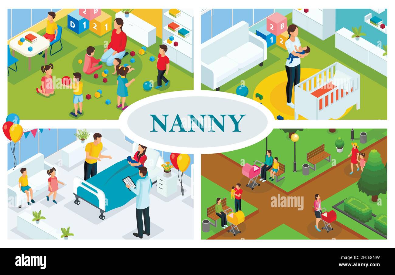 Isometric children care concept with nanny playing and walking with ...