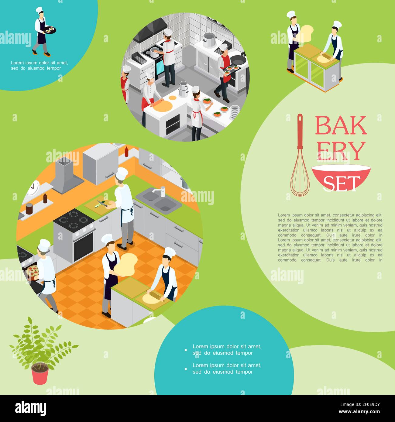 Isometric professional cooking in bakery concept with waiter chefs and ...