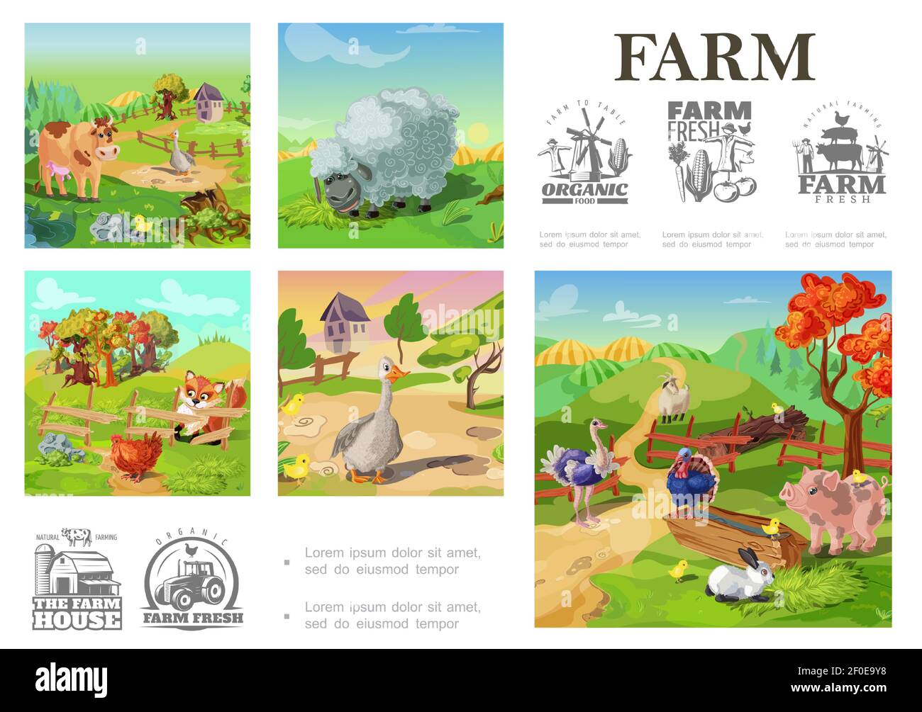 Cartoon farm animals colorful composition with sheep pig cow turkey ...