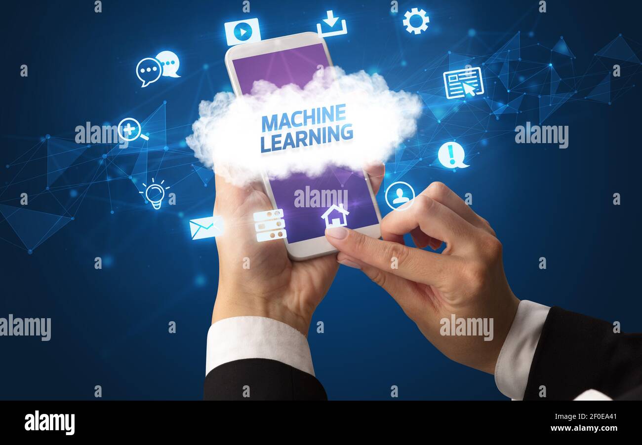 Female hand holding smartphone with MACHINE LEARNING inscription, cloud ...