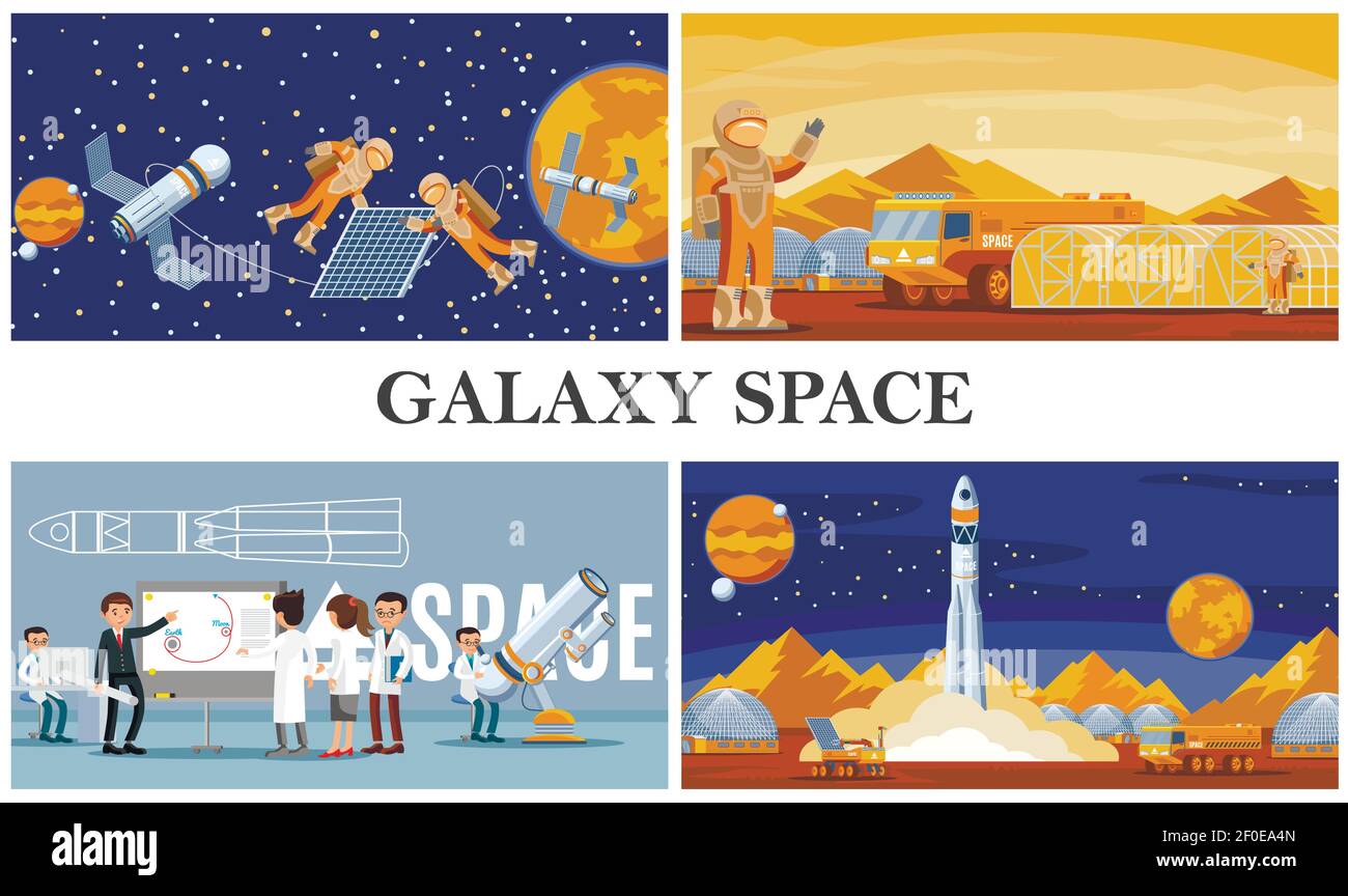 Flat space exploration composition with astronauts fix satellite mars ...