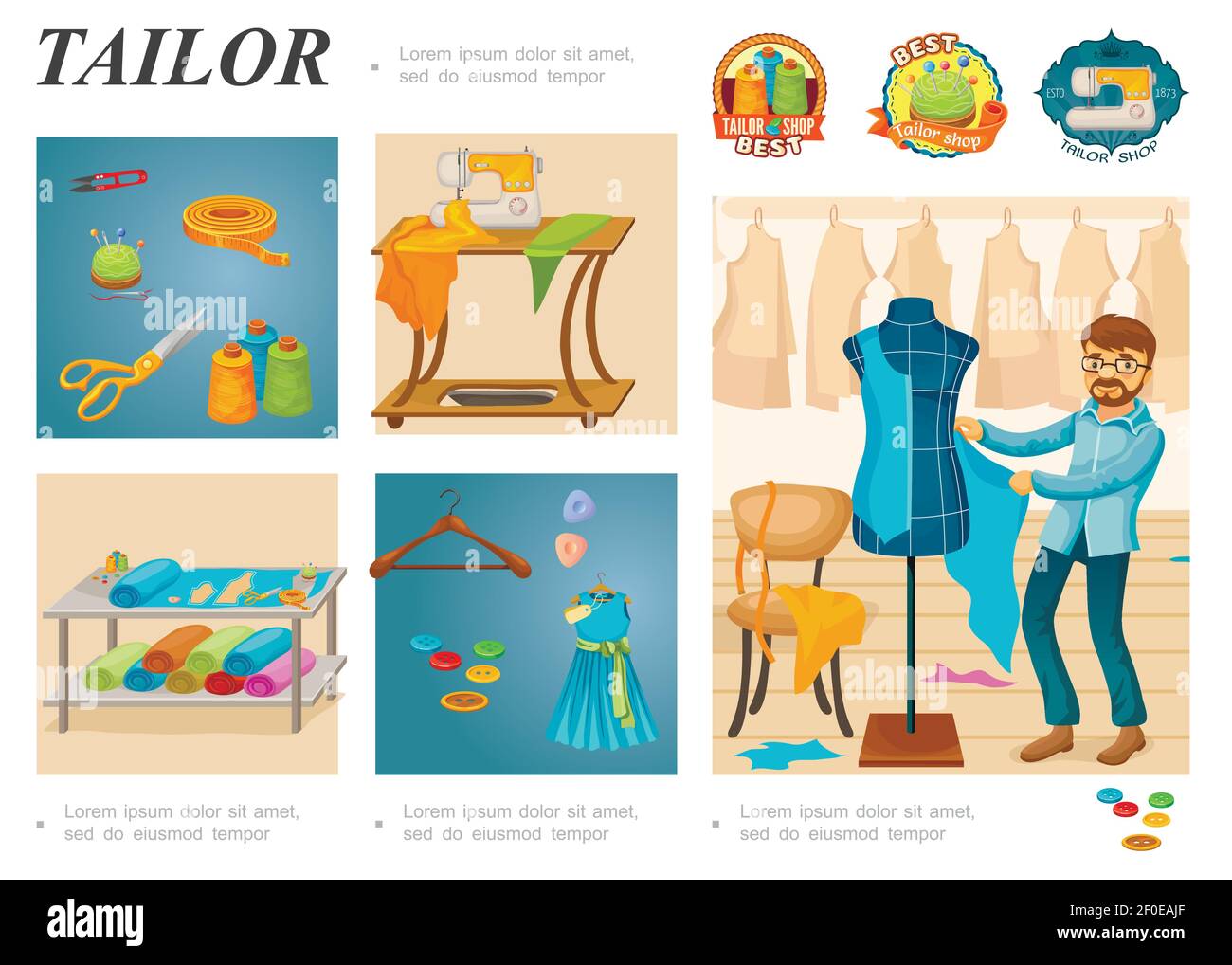 Flat tailoring infographic template with master hanger fabric buttons ...