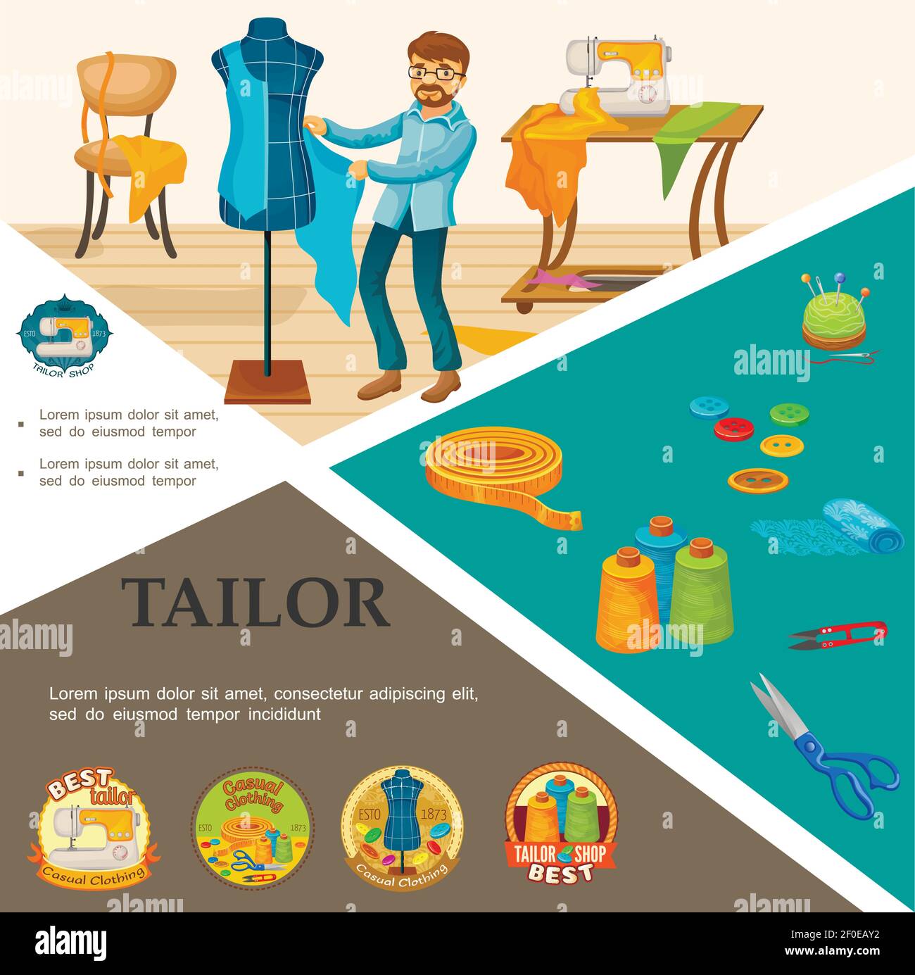 Flat tailoring elements concept with tailor mannequin measuring tape ...