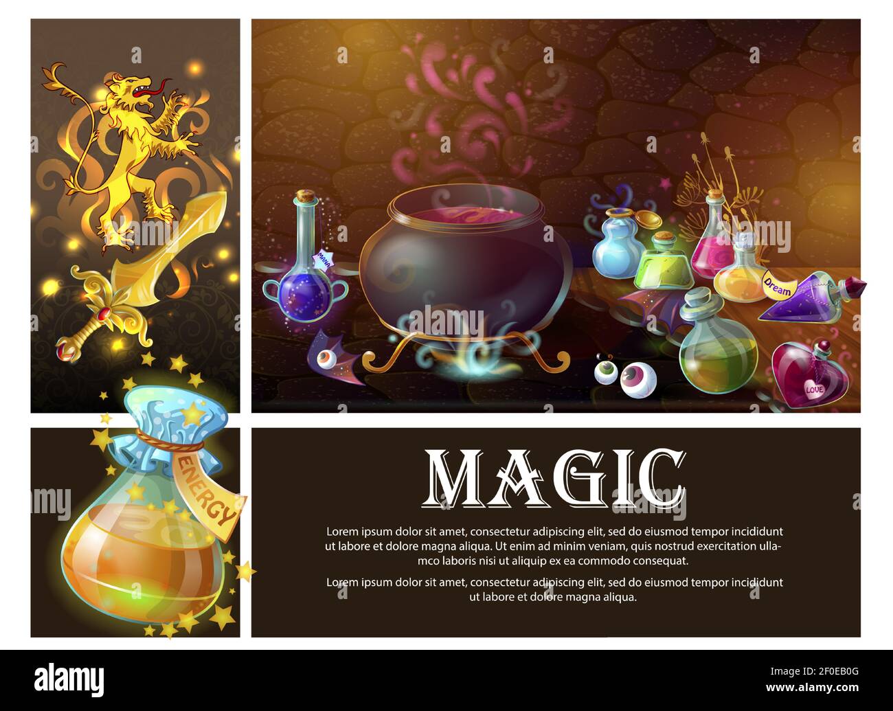 Cartoon game elements composition with sword heraldic royal lion human ...