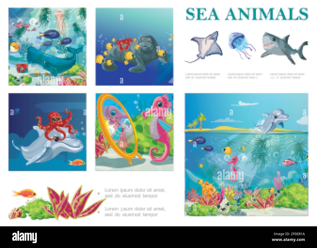 Cartoon sea life composition with stingray shark jellyfish seal ...