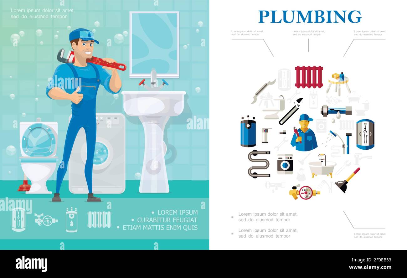 Plumbing service concept with repairman standing in bathroom with ...