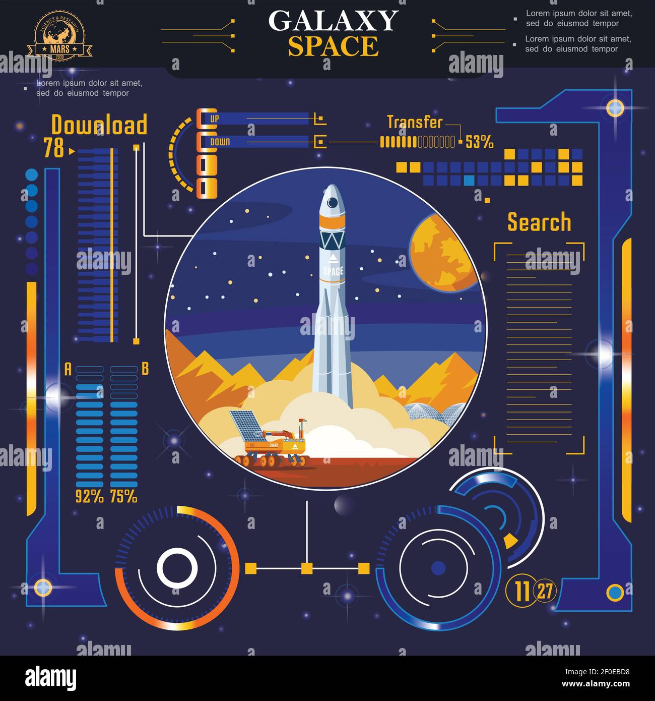 Flat futuristic space interface template with indicators and options of ...