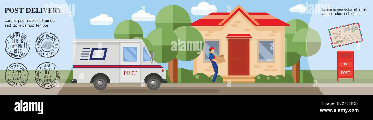 Flat post service template with postman deliviring package to customer ...