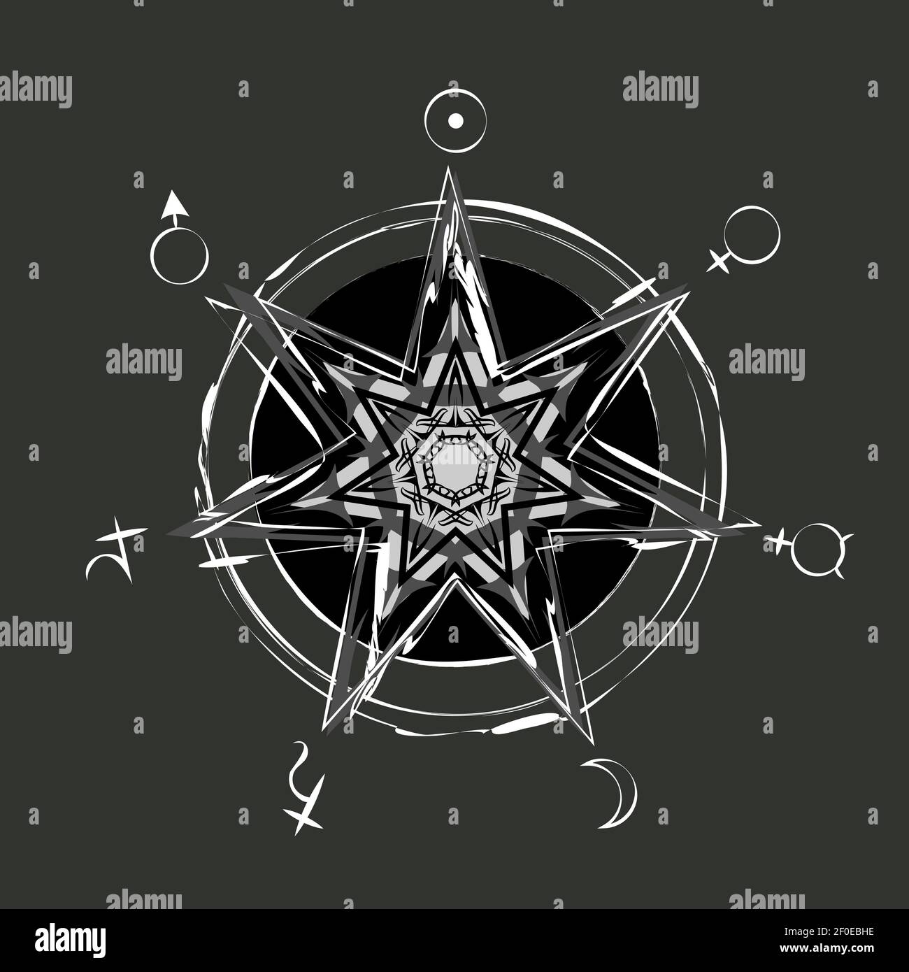 monochrome occult heptagram with astrology planetary symbols in double ...