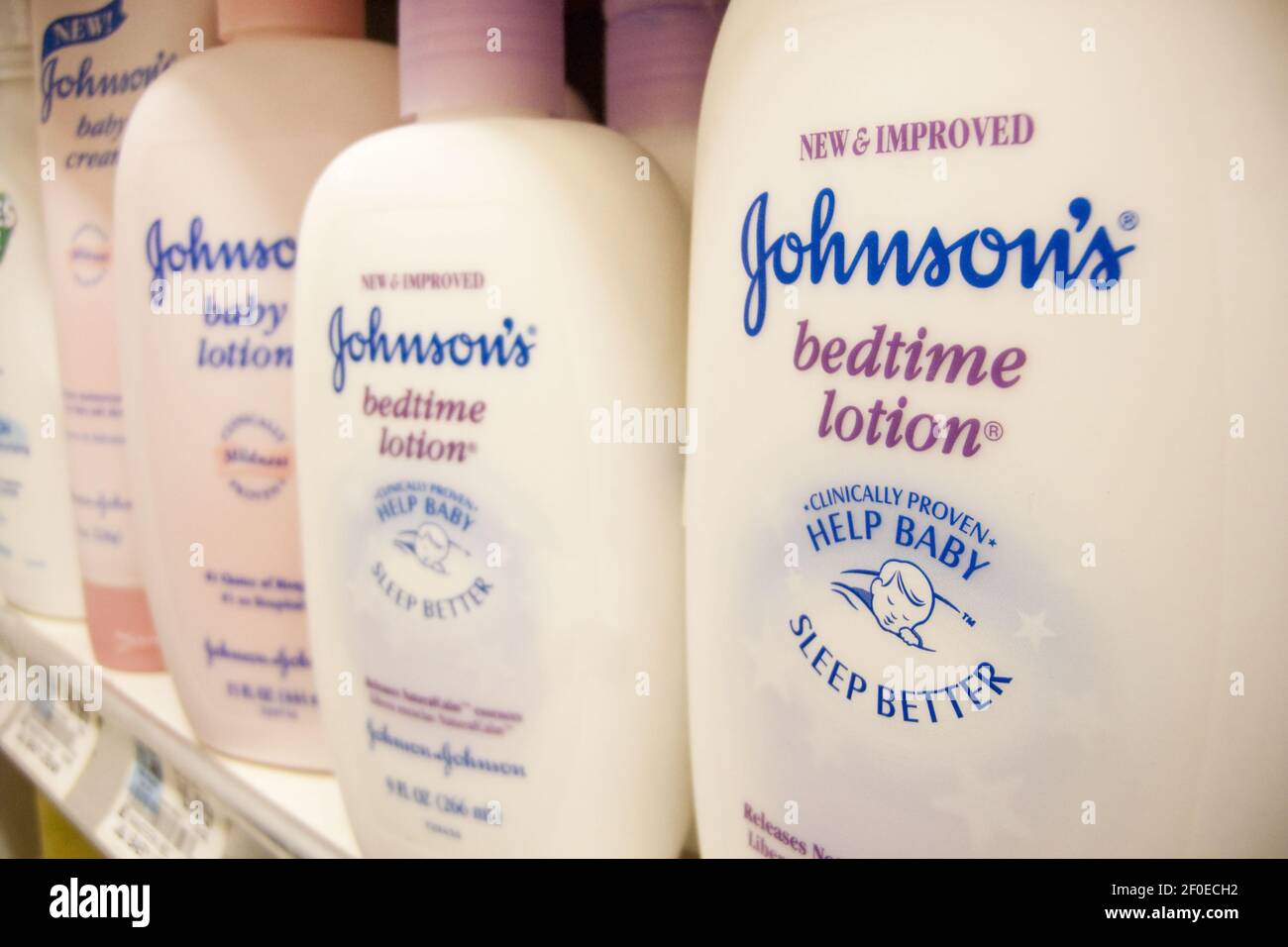 Johnson & Johnson brand baby lotions are seen on a supermarket shelf in ...