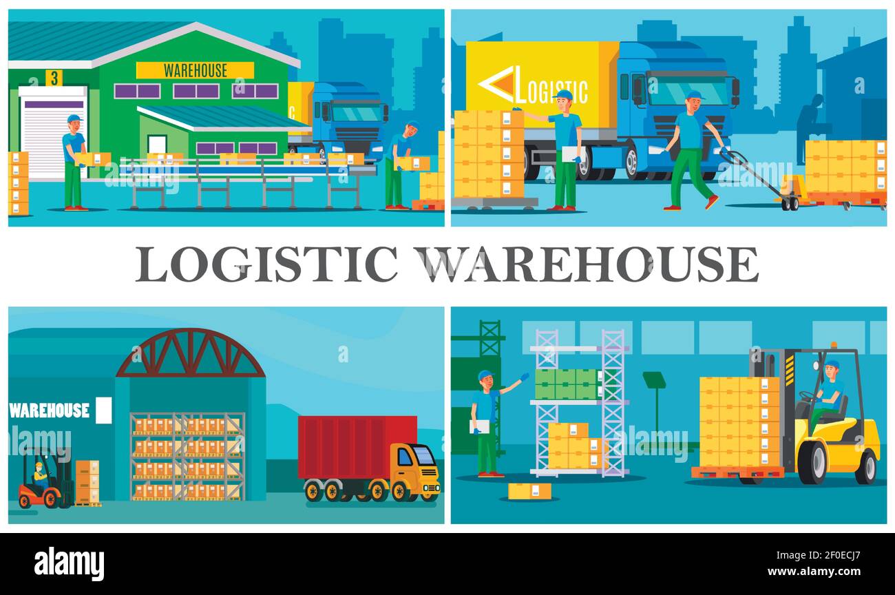 Flat warehouse logistics composition with loading of truck process ...
