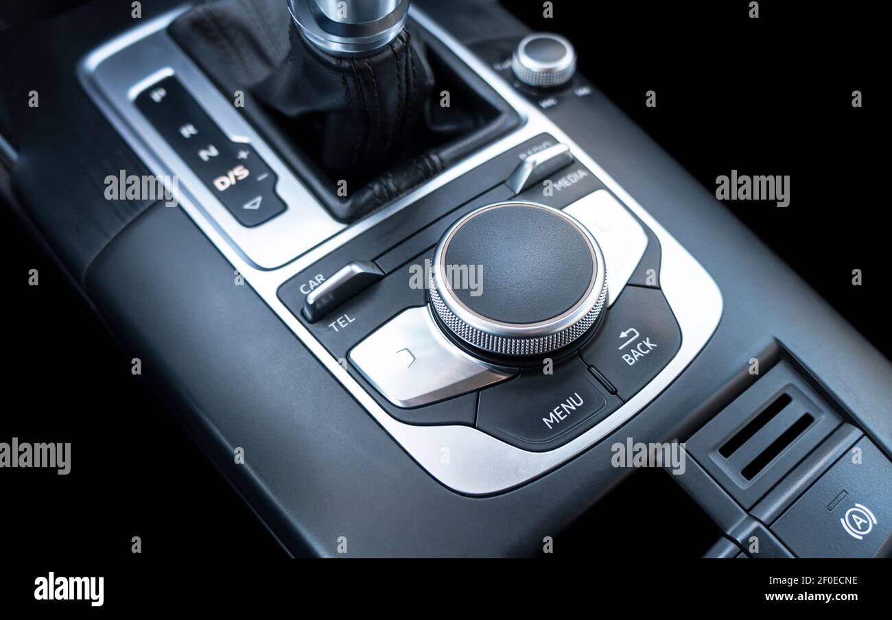 Media and navigation control buttons of a modern car. Car interior ...