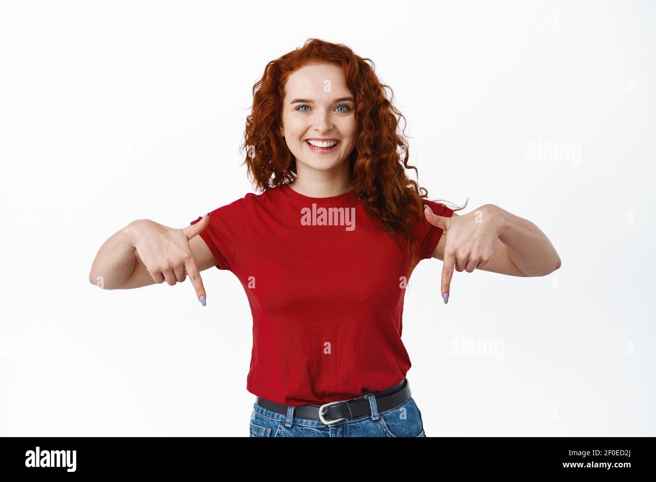Happy beautiful young woman with ginger hair, natural pale skin ...