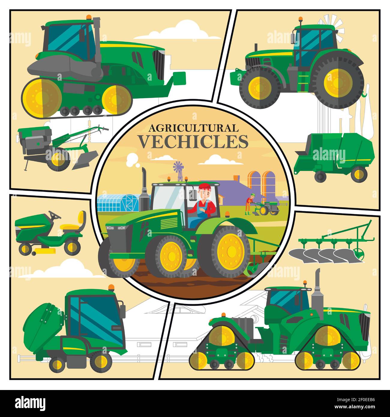 Flat agricultural transport concept with green farm vehicles and farmer ...