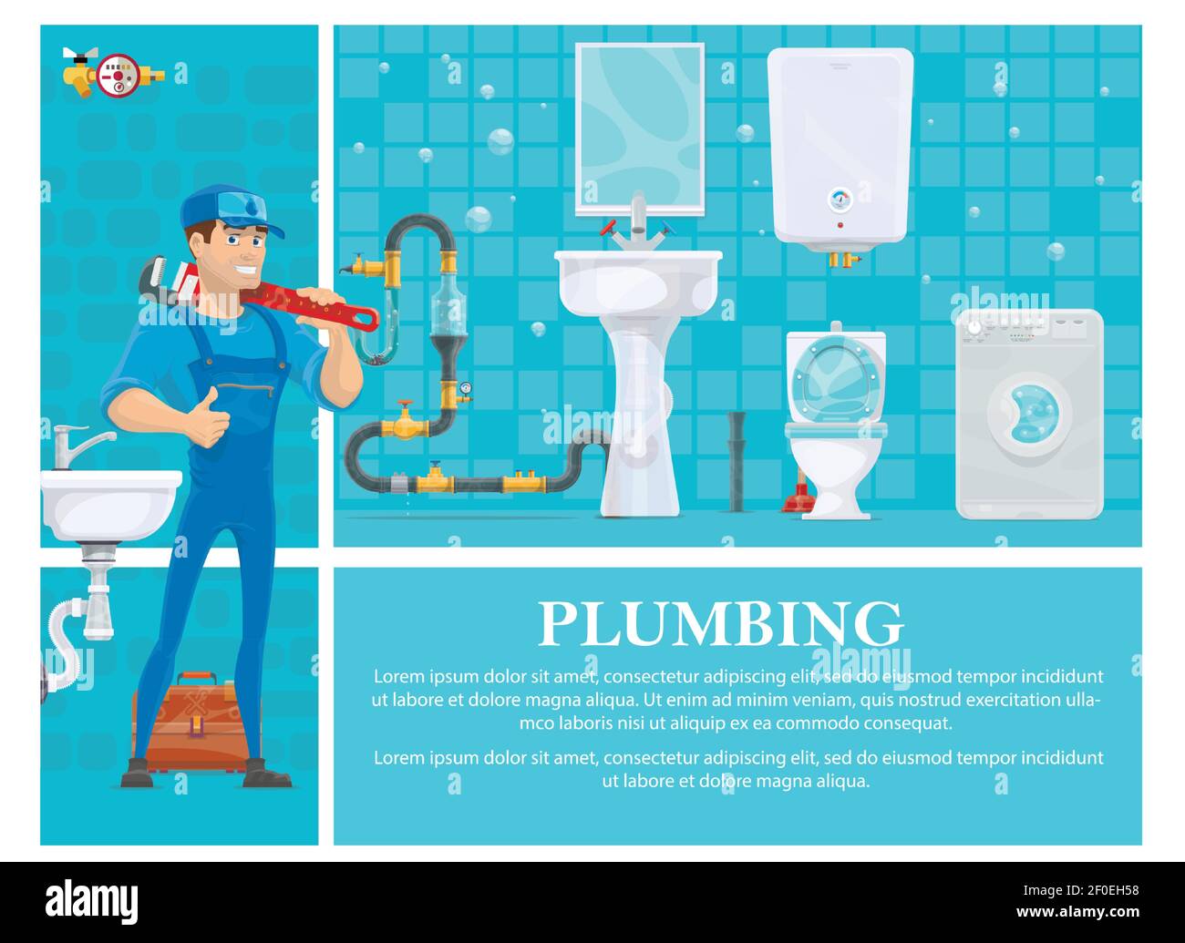Cartoon plumbing composition with plumber in uniform holding pipe ...