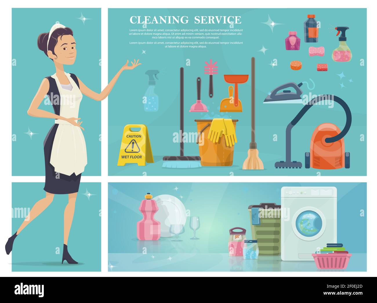 Cartoon house cleaning composition with maid washing machine broom ...