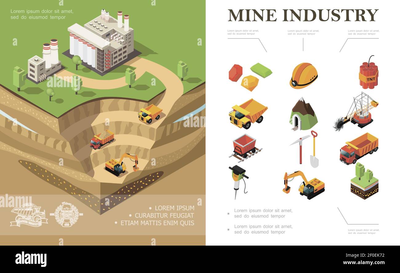 Isometric mining industry concept with factory industrial vehicles ...