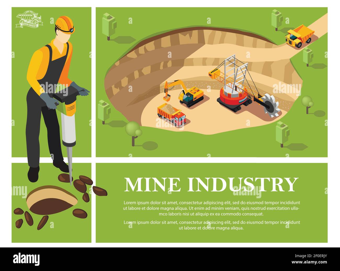 Colorful isometric mining industry concept with miner holding hammer ...