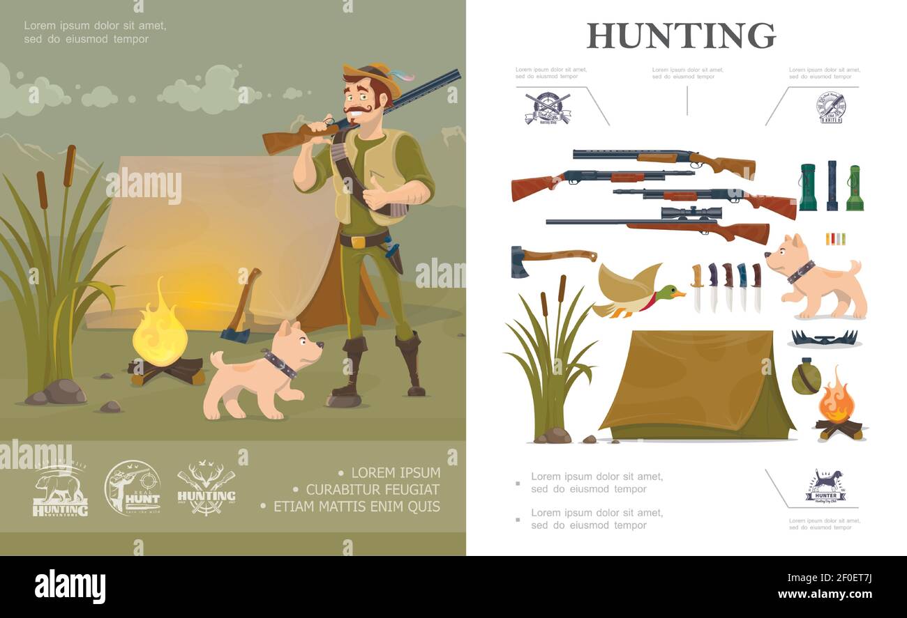 Flat hunting concept with hunter and dog near tent emblems weapon ...