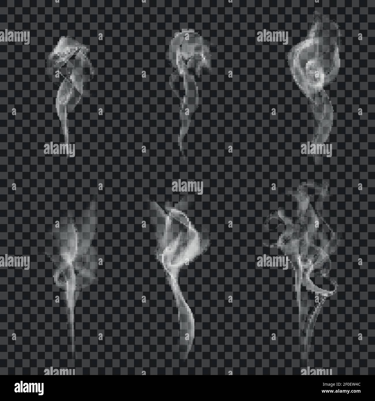 Set of realistic images with six cigarette smoke shape white haze on ...